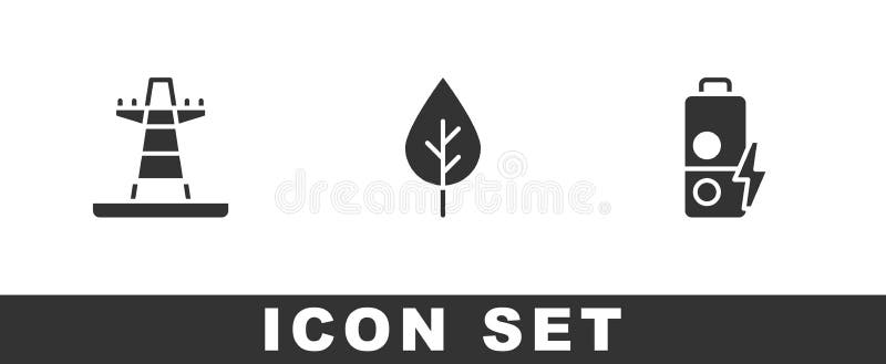 Set Electric Tower Line, Leaf Eco Symbol and Battery Charge Icon ...