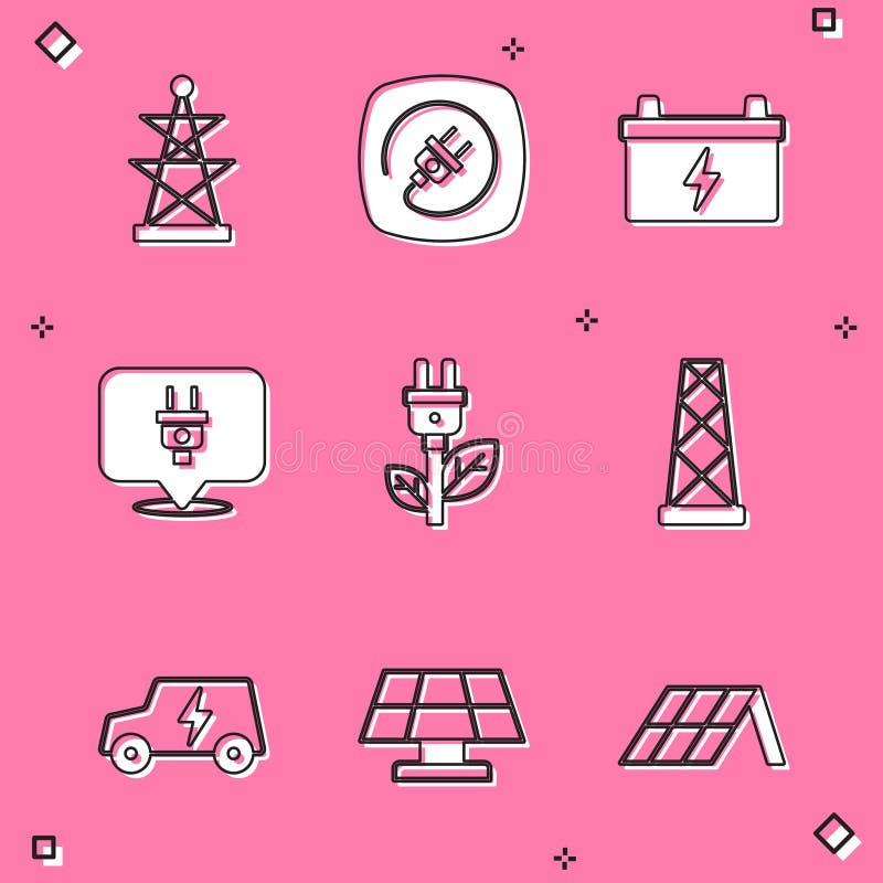 Set Electric Tower, Plug, Car Battery, Saving in Leaf, Antenna, Car and ...