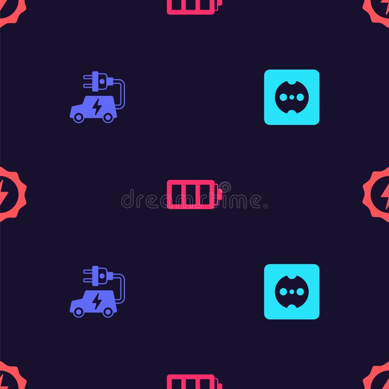 Set Electrical Outlet, Car, Battery and Lightning Bolt on Seamless ...