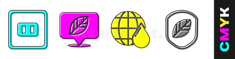 Set Electrical Outlet, Location with Leaf, Earth Planet in Water Drop ...