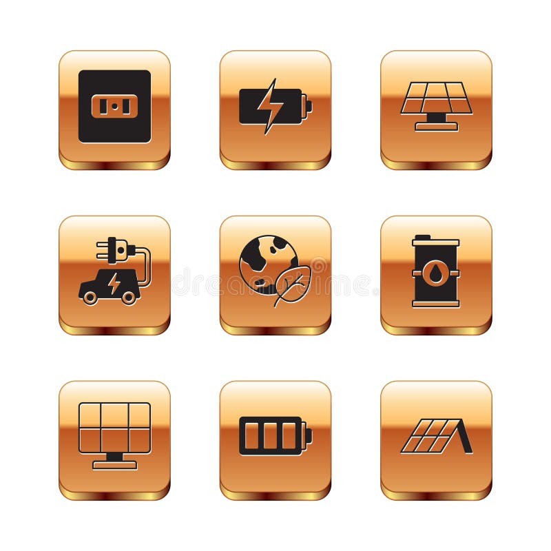 Set Electrical Outlet, Solar Energy Panel, Battery, Earth Globe and ...