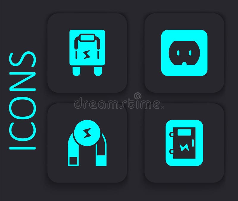 Set Electrical Panel, Outlet and Magnet Icon. Black Square Button ...