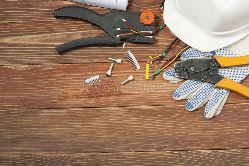 Set of Electrical Tool on Wooden Background. Accessories for ...