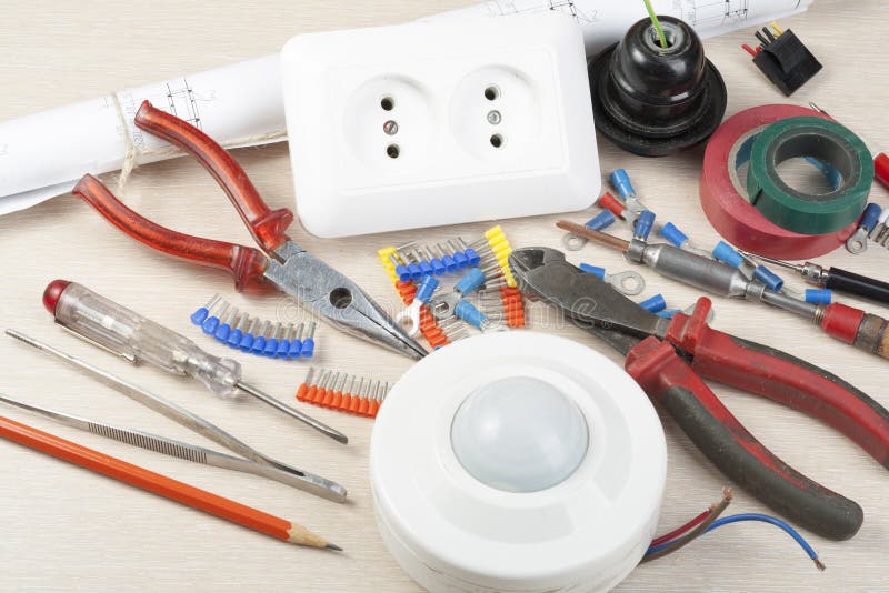 Set of Electrical Tool on Wooden Background. Accessories for ...