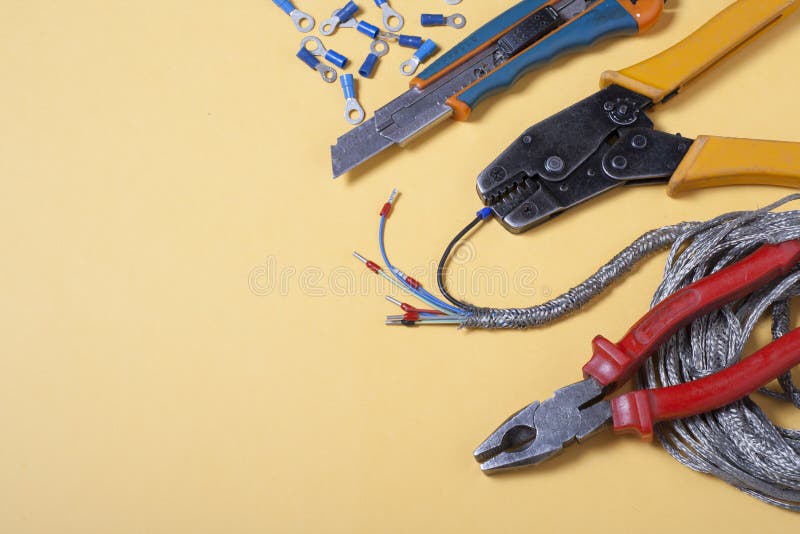 Set of Electrical Tool on Wooden Background. Accessories for ...