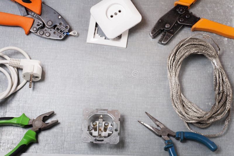 Set of Electrical Tool on Wooden Background. Accessories for ...