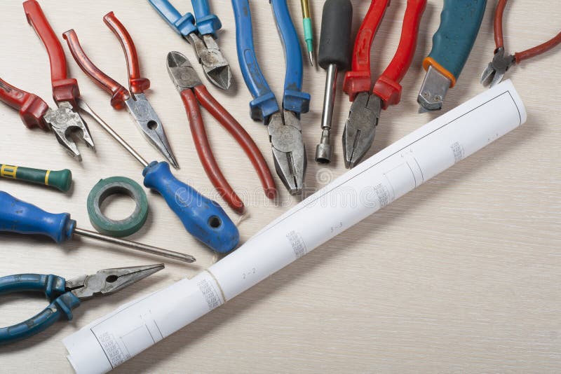 Set of Electrical Tool on Wooden Background. Accessories for ...