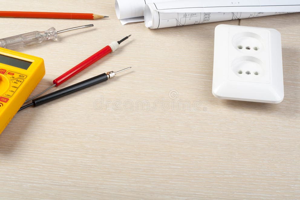 Set of Electrical Tools on Wooden Background. Accessories for ...