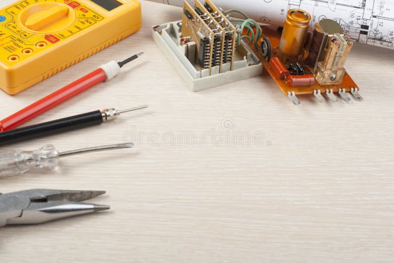 Set of Electrical Tools on Wooden Background. Accessories for ...