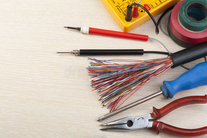 Set Of Electrical Tools On Wooden Background. Accessories For ...