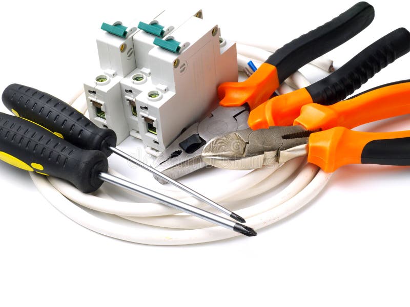 Set of Electrician Tools and Equipment and a Coil of Wire on a White ...