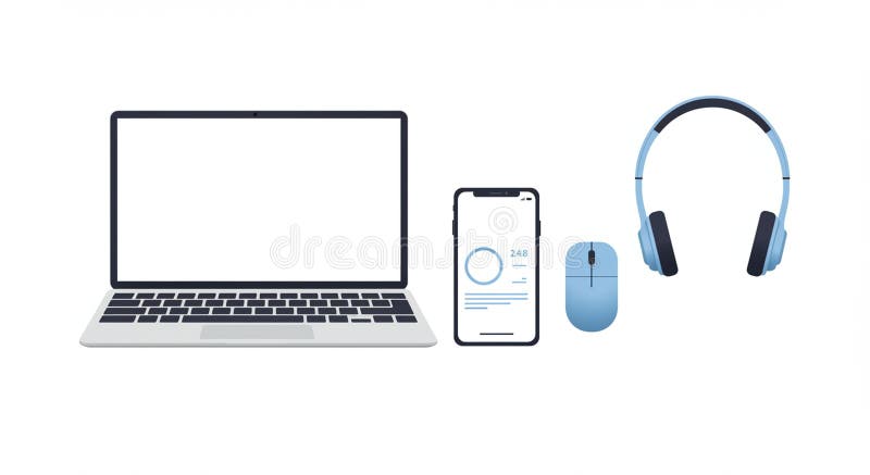 A Set of Electronic Devices Includes a Laptop, Smartphone, Mouse, and ...