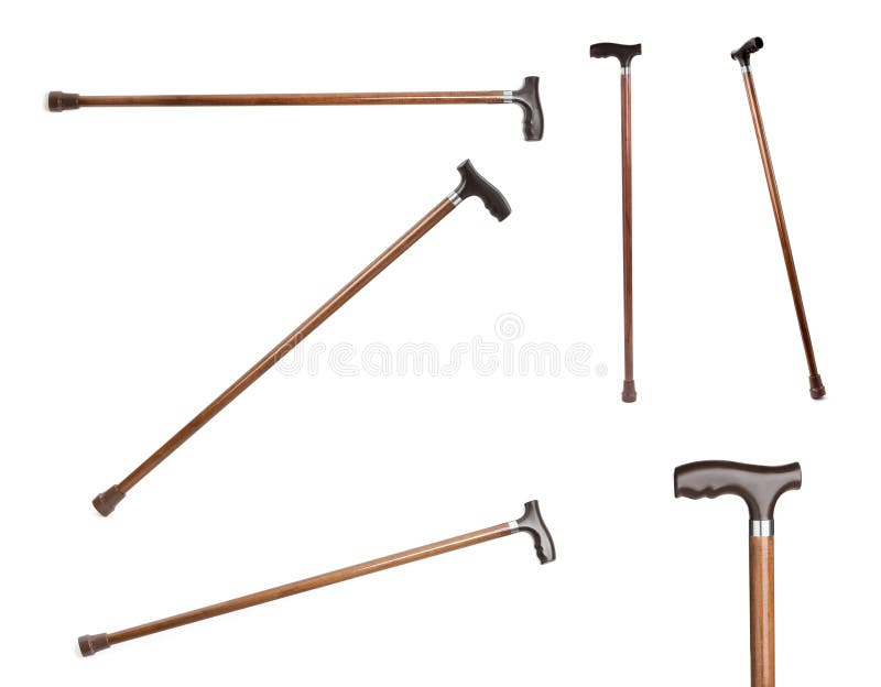 Set with Elegant Wooden Walking Canes on White Background Stock Image ...