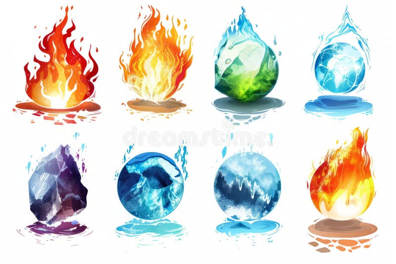Set of Elemental Effects, Such As Fire, Water, Ice, and Earth,on a ...
