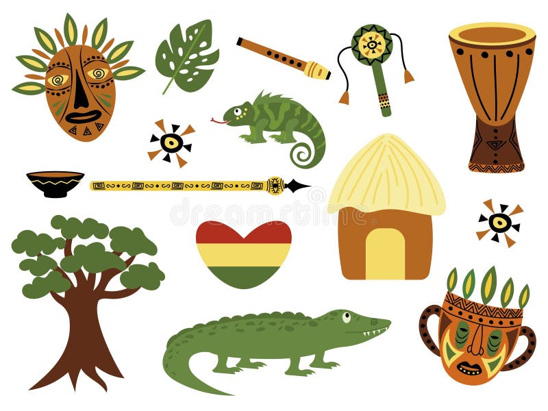Set of Elements of African Instruments, Masks, Household Items. Vector ...