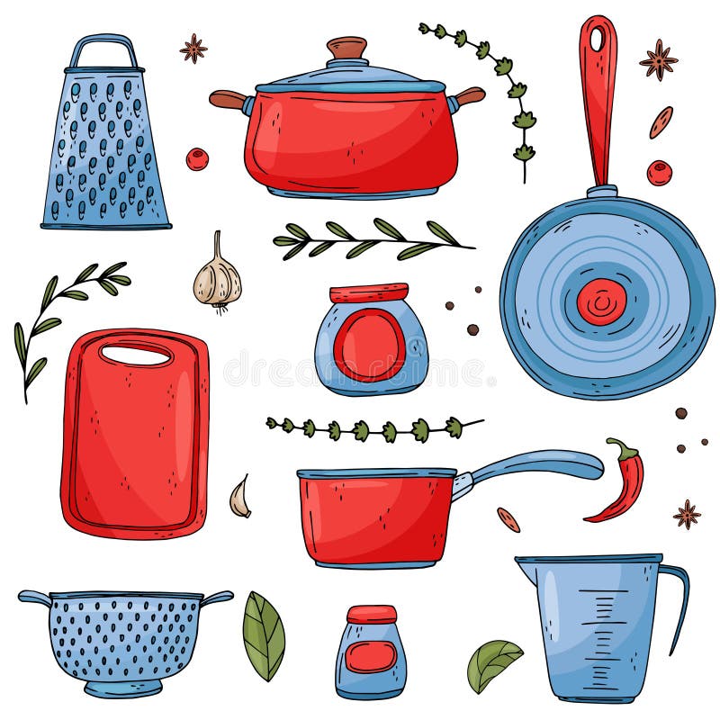 Set of Elements with Hand Drawn Kitchenware Isolate on a White ...