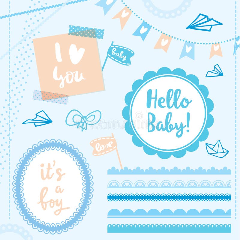 Set Elements Hello Baby Boy Stock Vector - Illustration of greeting ...
