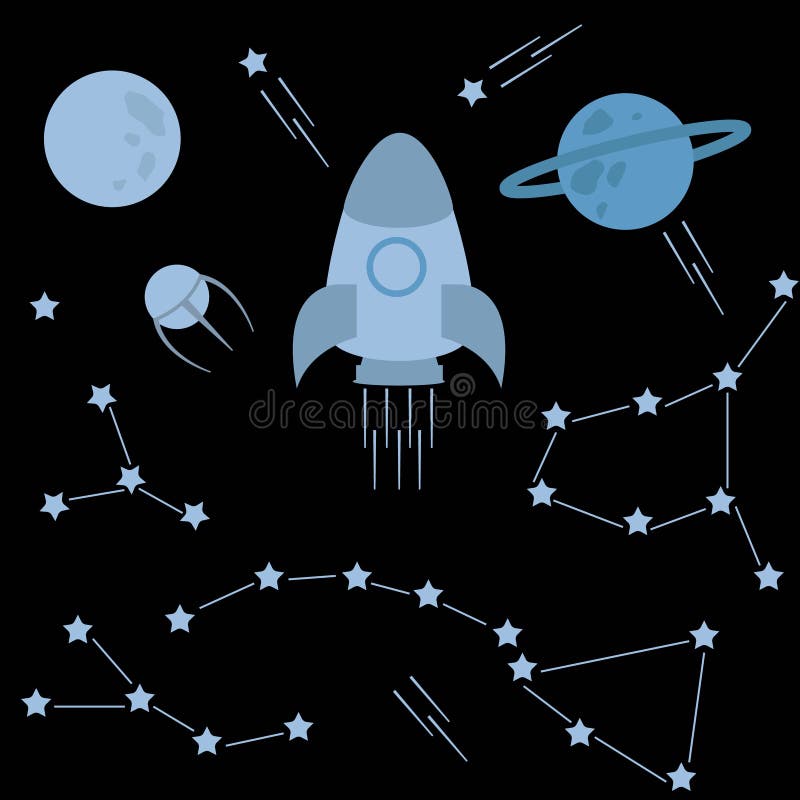 Set of Elements Related To Space. Rocket and Satellite, Constellations ...