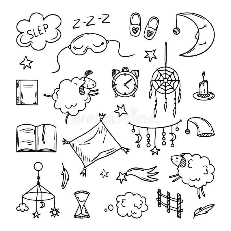 A Set of Elements for Sleep, Rest Time, Comfort at Night. Hand Drawn ...