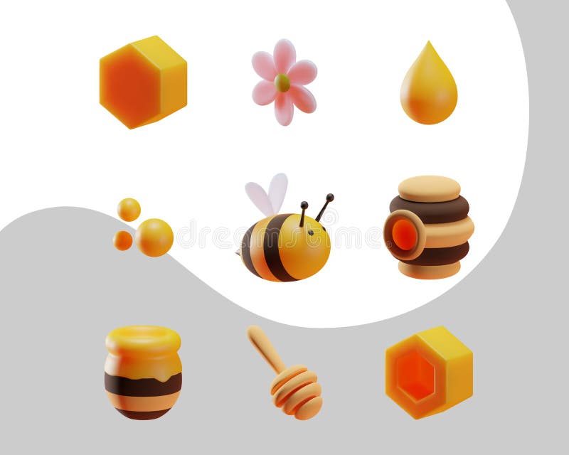 A Set of Elements on the Theme of Bees and Honey. Cartoon 3d Style ...