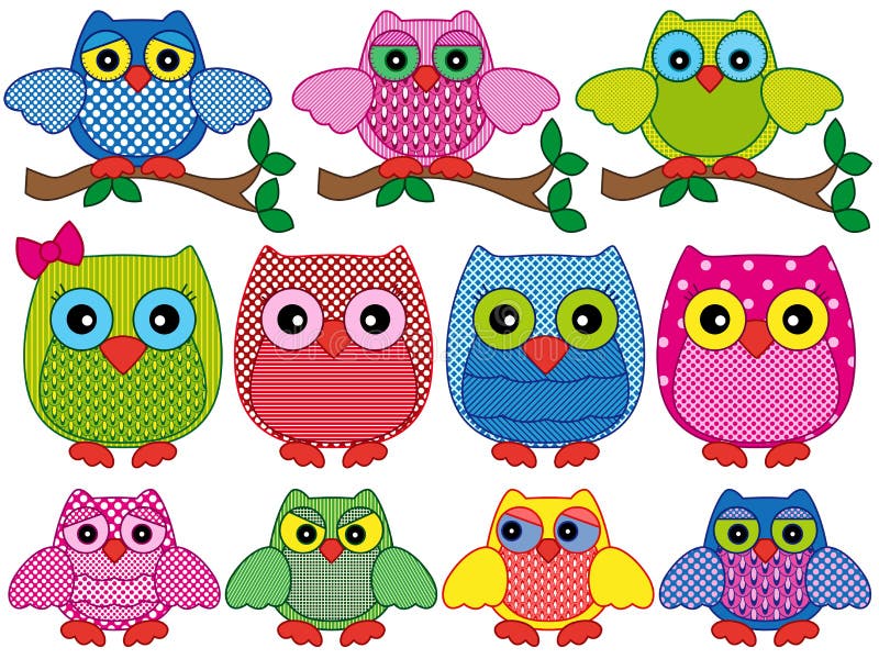 Set of Eleven Ornamental Cartoon Owls Stock Vector - Illustration of ...