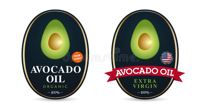 Set of Emblems and Labels for Avocado Oil Packaging. Ripe Avocado with ...