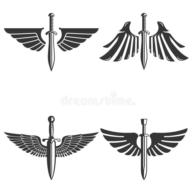 Set of Emblems with Medieval Sword and Wings. Design Element for Logo ...