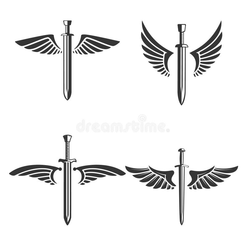 Set of Emblems with Medieval Sword and Wings. Design Element for Logo ...