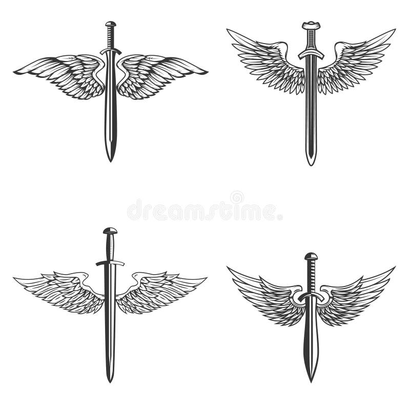 Set of Emblems with Medieval Sword and Wings. Design Element for Logo ...