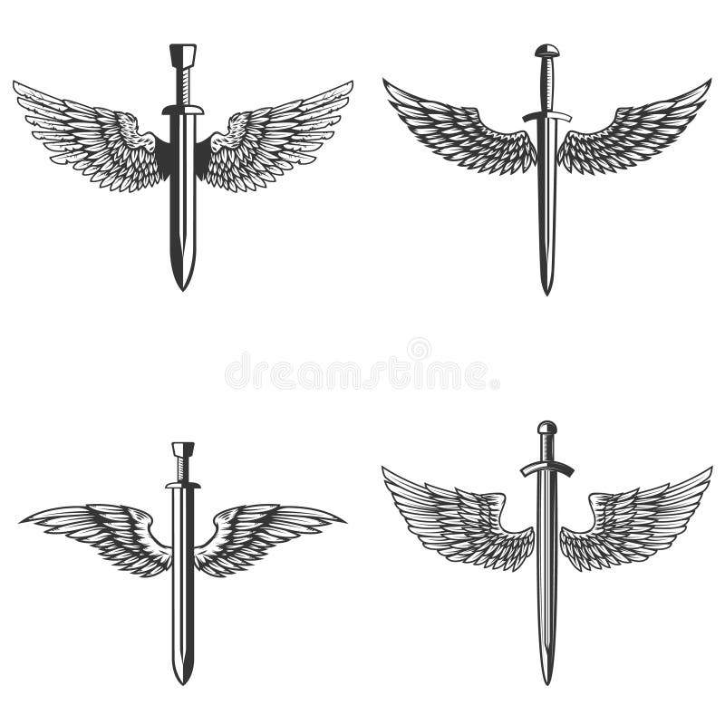 Set of Emblems with Medieval Sword and Wings. Design Element for Logo ...