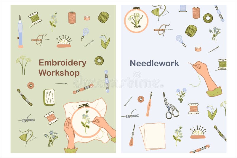 Set of Embroidery, Needlework Workshop Card or Poster Templates. Hand ...