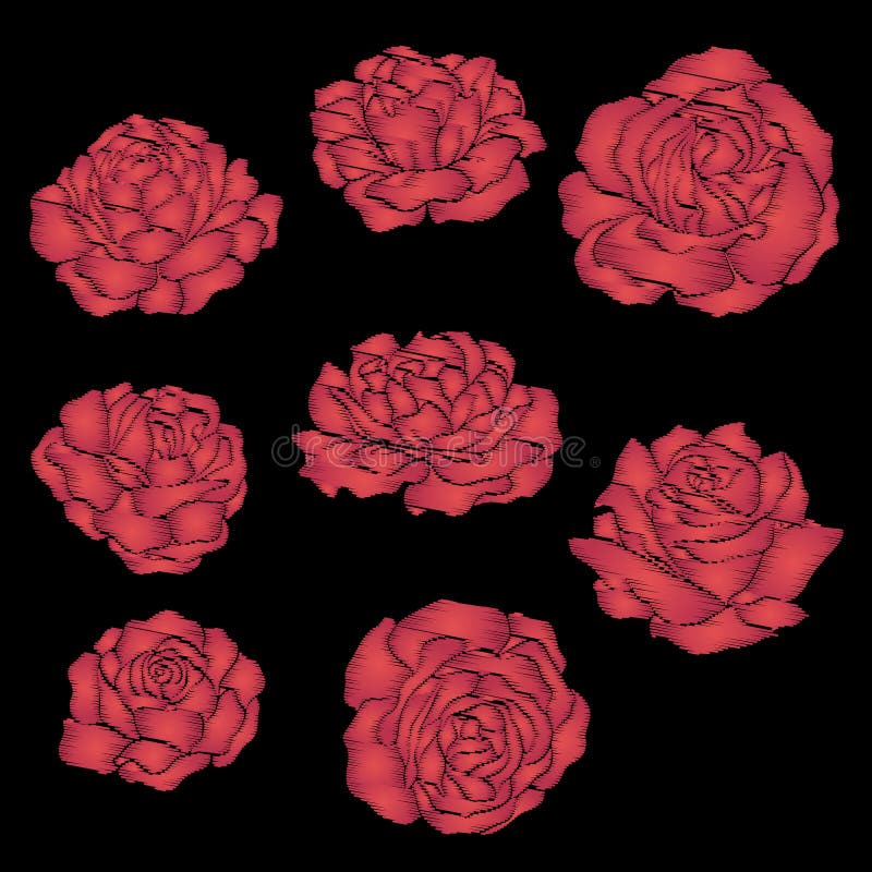 Set Embroidery Red Rose on Black Background. Stock Line Vector Stock ...