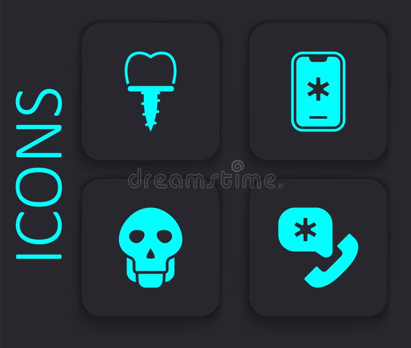 Set Emergency Call 911, Dental Implant, and Skull Icon. Black Square ...