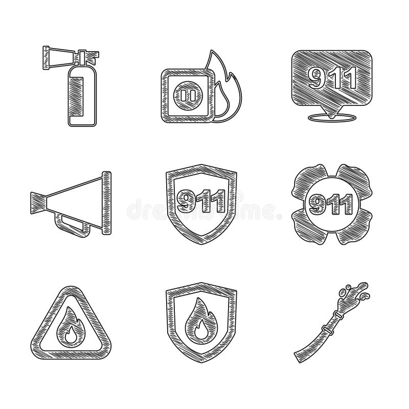 Set Emergency Call 911, Fire Protection Shield, Hose Reel, Flame in ...