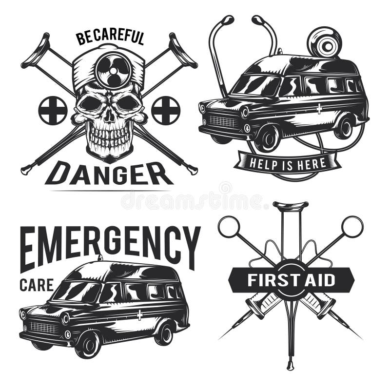 Set of Emergency Emblems Labels Badges Logos. Isolated on White Stock ...