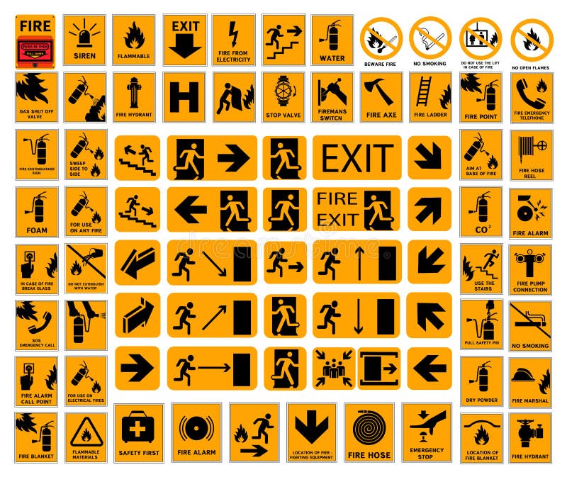 Set of Emergency Exit and Fire Safety Signs in Bright Orange Stock ...
