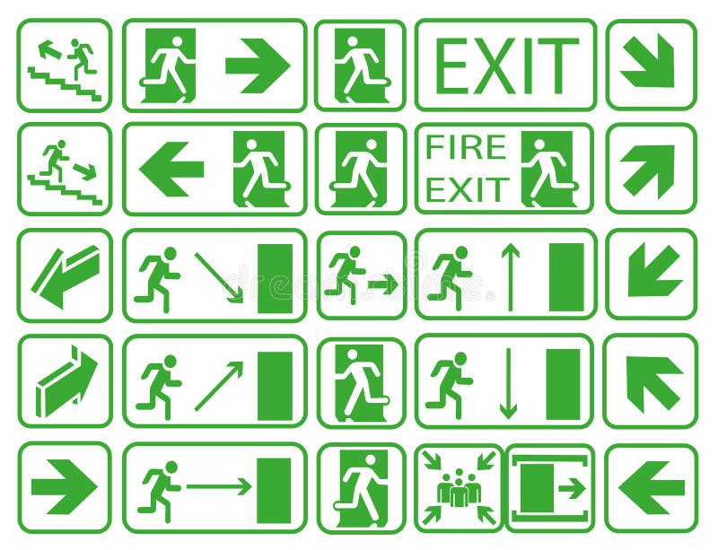 Set of Emergency Exit and Fire Exit Signs, Assembly Point in Case of ...