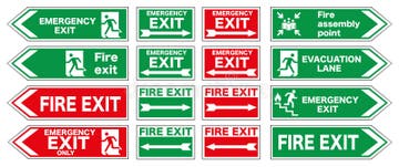 Set of Emergency Exit and Fire Exit Signs, Fire Gathering Place ...