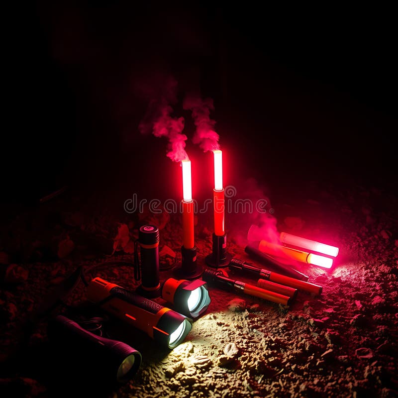 A Set of Emergency Lighting Tools Including Flares and Flashlights ...