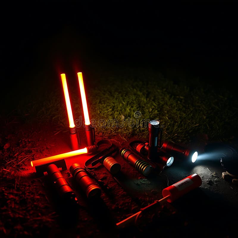 A Set of Emergency Lighting Tools Including Flares and Flashlights ...