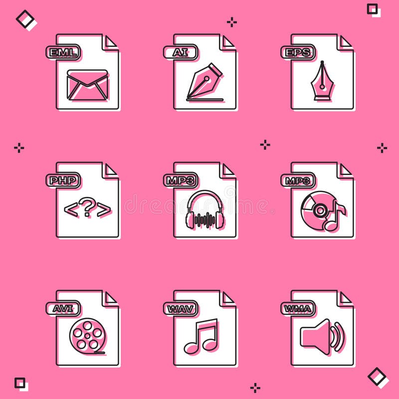 Set EML File Document, AI, EPS, PHP, MP3, AVI and WAV Icon. Vector ... Set EML File Document, AI, EPS, PHP, MP3, AVI and WAV Icon. Vector ...