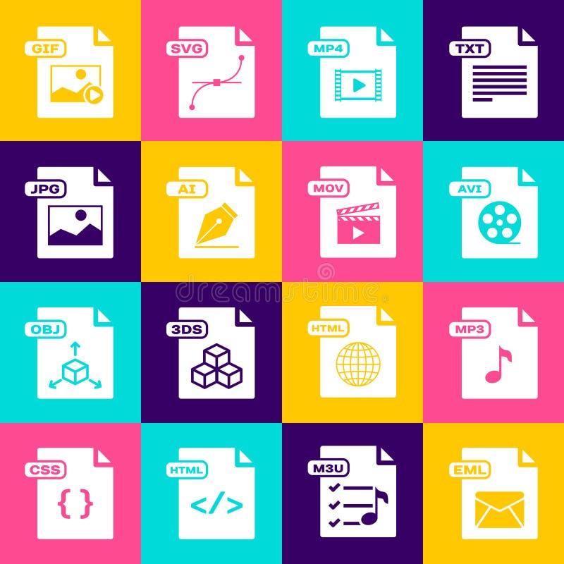 Set EML File Document, MP3, AVI, MP4, AI, JPG, GIF and MOV Icon. Vector ... Set EML File Document, MP3, AVI, MP4, AI, JPG, GIF and MOV Icon. Vector ...