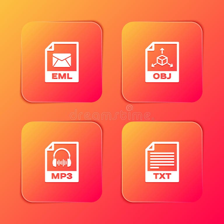 Set EML File Document, OBJ, MP3 and TXT Icon. Vector Stock Illustration ...