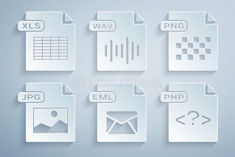Set EML File Document, PNG, JPG, PHP, WAV and XLS Icon. Vector Stock ... Set EML File Document, PNG, JPG, PHP, WAV and XLS Icon. Vector Stock ...