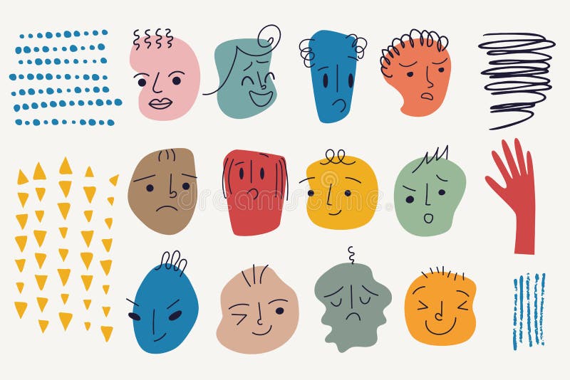 Set with Emotions and Decorative Elements. Abstract Drawn Faces Based ...