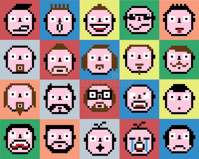 Set of Emotions Emoji Face Icons Pixel Retro Vintage Stock Vector ...