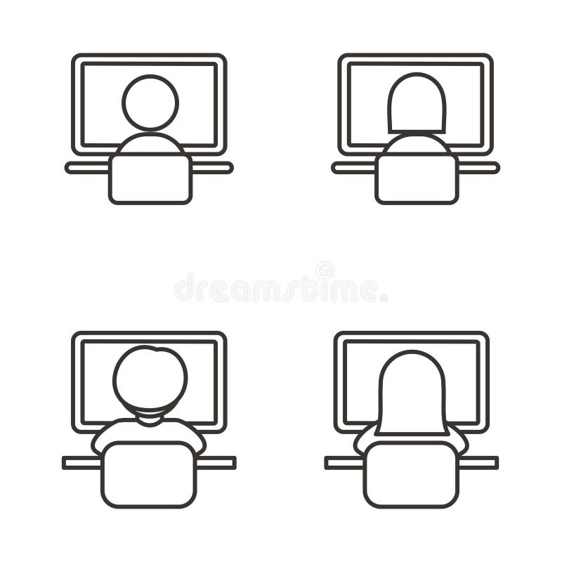 Set of Employee Icon. Man and Woman Using Computer Vector Illustration ...