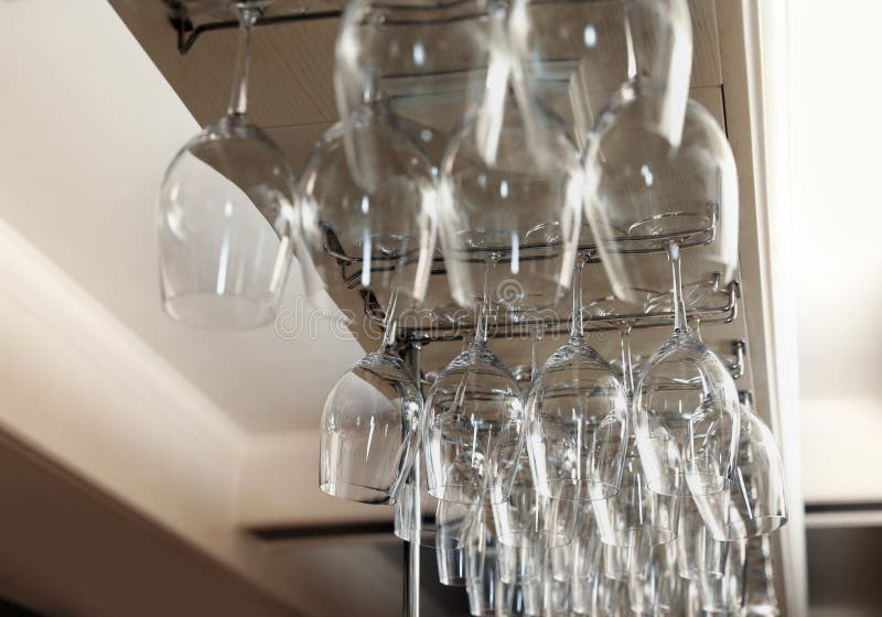 Set of Clean Glasses on Bar Racks Stock Photo - Image of nightclub ...