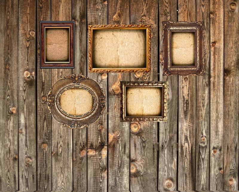 Set of Empty Picture Frames on Wooden Wall Stock Photo - Image of frame ...
