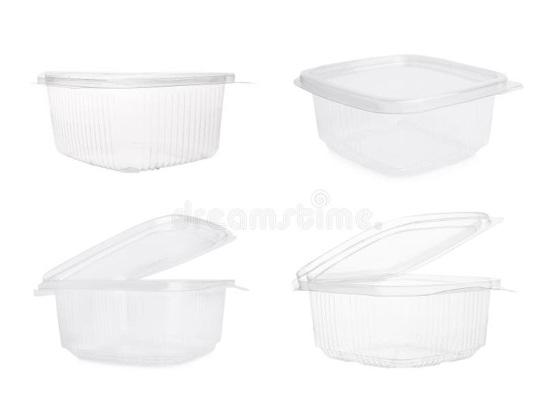 Set with Empty Plastic Containers for Food on White Background Stock ...